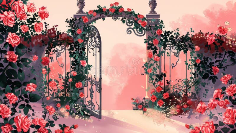 Romantic Rose Garden Gate at Sunset Illustration Stock Photo - Image of ...