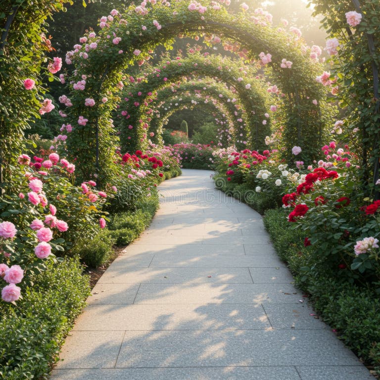 Romantic Rose Garden Path with Flower Arches Stock Photo - Image of ...
