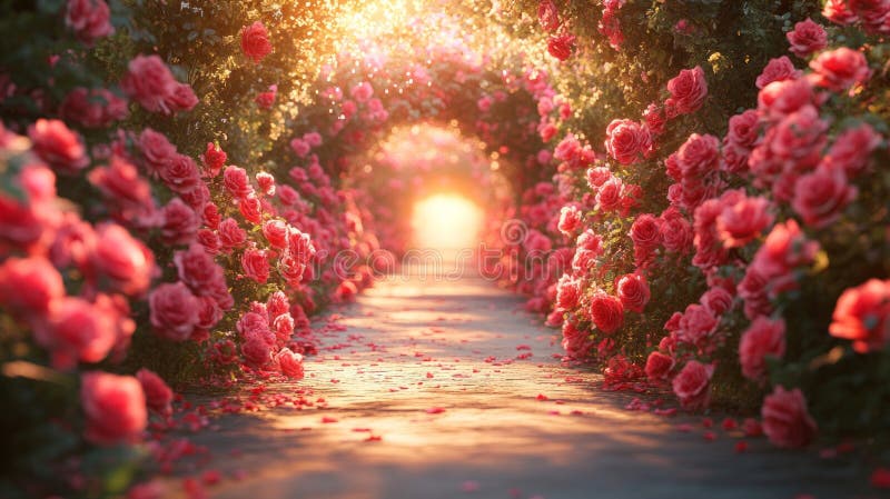 A Romantic Rose Garden Dominated by Pink and White Roses, with a Small Fountain and Garden ...