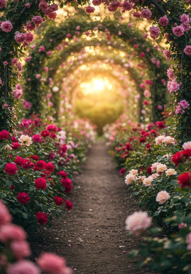 A Romantic Rose Garden Dominated by Pink and White Roses, with a Small Fountain and Garden ...