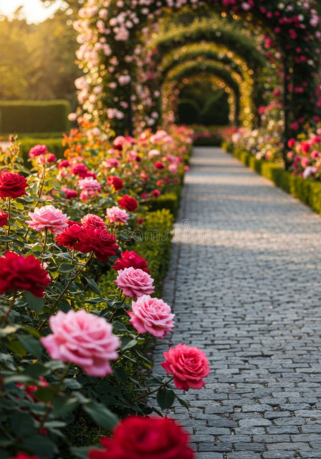 A Romantic Rose Garden Dominated by Pink and White Roses, with a Small ...