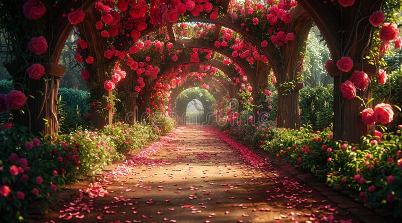 Romantic Rose Garden Pathway, Perfect for Springtime Stock Illustration ...
