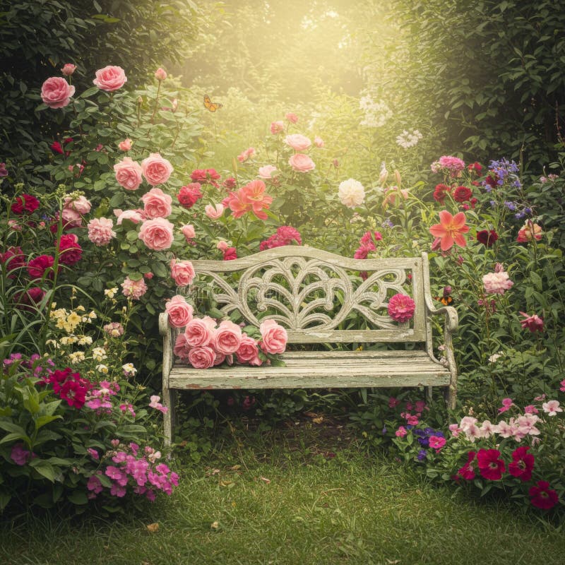 Romantic Rose Garden with Vintage Bench Stock Illustration ...