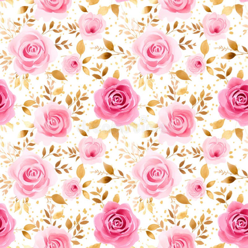 Romantic Rose Pattern: Delicate Pink Rose and Gold Watercolor Stock ...