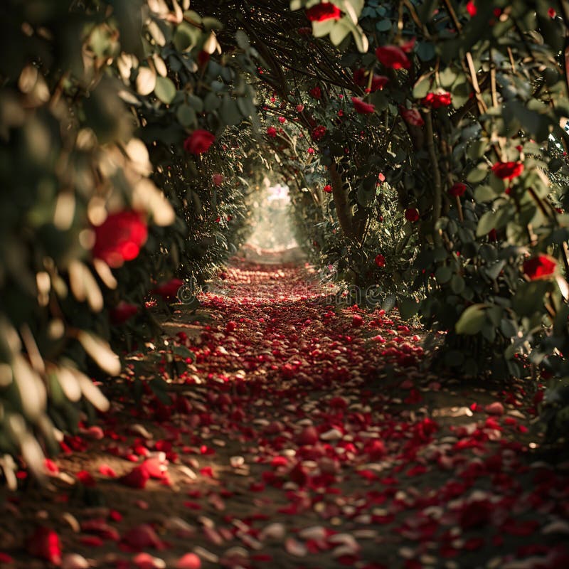 Romantic Rose Petal Pathway through Blossoming Rose Bushes Stock Photo - Image of arch ...