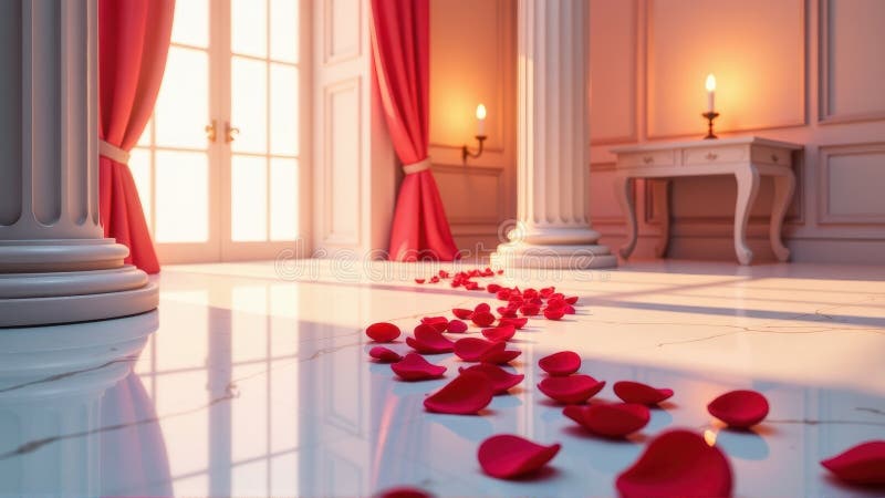 Romantic Rose Petals Path in Elegant Room Stock Illustration - Illustration of luxury, columns ...