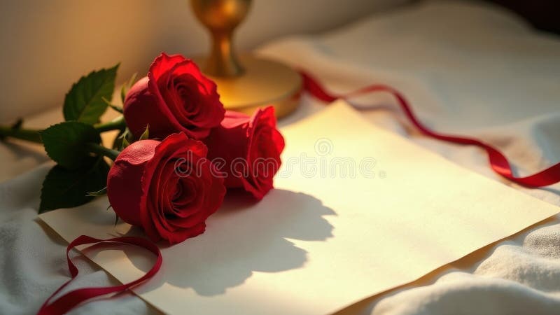 Romantic Roses and a Blank Note on a Soft Surface Under Warm Light ...