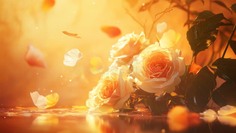 Romantic Roses Surrounded by Gentle Petals in Soft Light Glow Stock ...