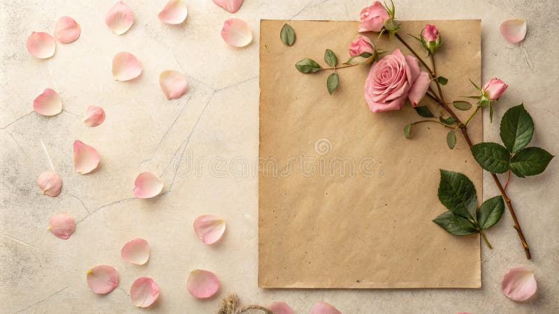 Romantic Rustic Blank Card with Pink Roses and Petals on Vintage ...