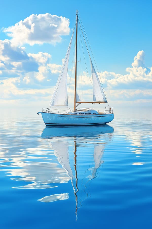 Romantic Sailboat with White Sail on Calm Water Surface on Clear Day ...