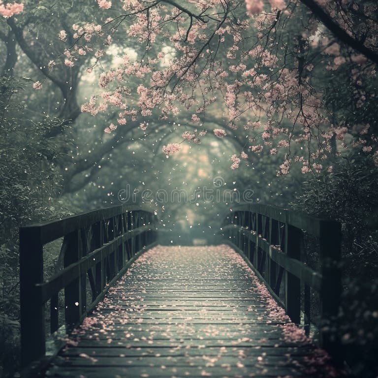 Romantic Sakura Bridge Pathway in Springtime Stock Illustration ...