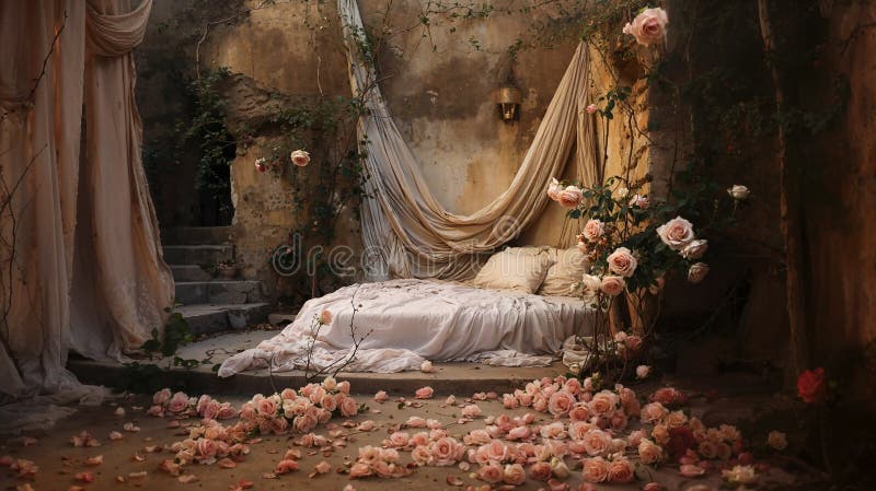 Romantic Scene of a Bed in a Decayed Building Surrounded by Roses Stock ...