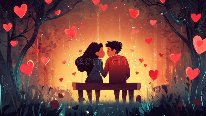 Romantic Scene of a Couple Sitting on a Bench Surrounded by Hearts ...