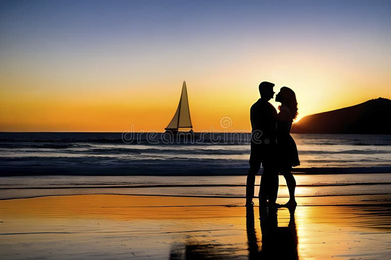 Romantic Scene of a Couple in Sunset on the Beach Stock Illustration ...
