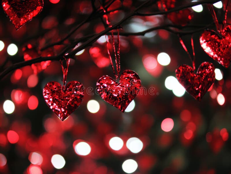 A Romantic Scene Featuring Numerous Red Hearts Suspended from a Tree ...