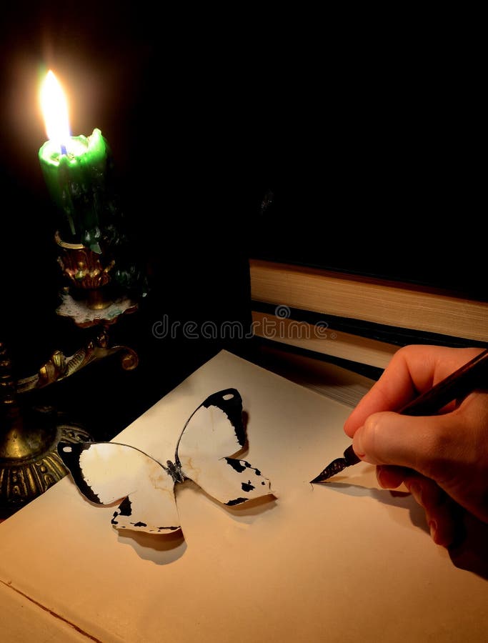 Romantic Scene with Hand of Woman Writing Stock Photo - Image of insect ...