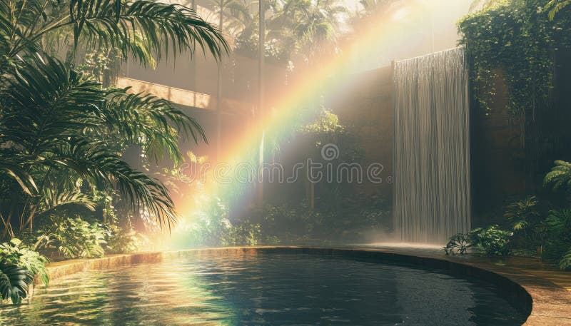 Romantic Scene of Rainbow Framing Waterfall Cascading into Pool ...