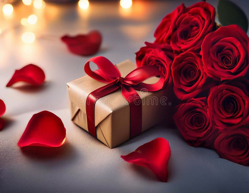 A Romantic Scene Red Roses and a Wrapped Gift Stock Illustration ...