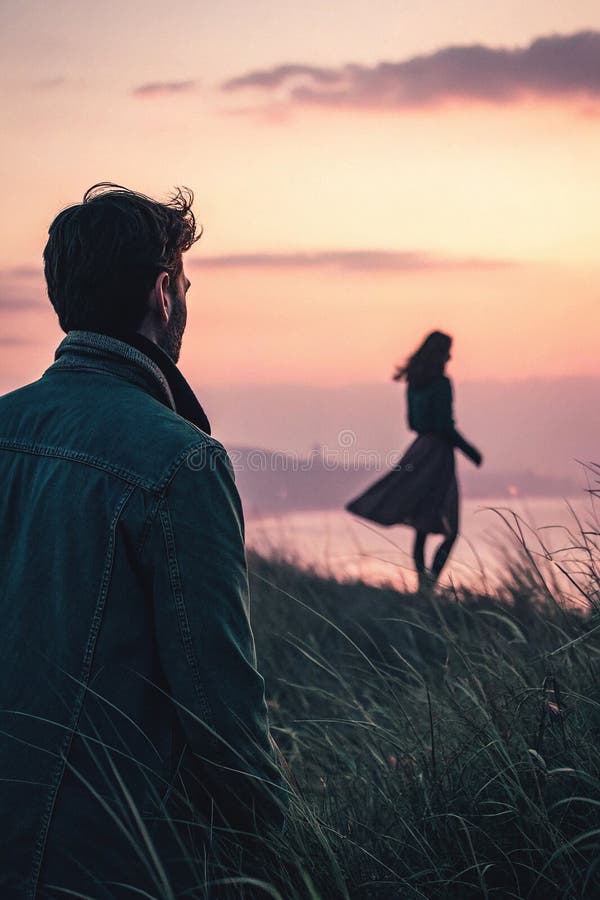 Romantic Scene of a Woman and a Guy at Sunset Stock Illustration ...