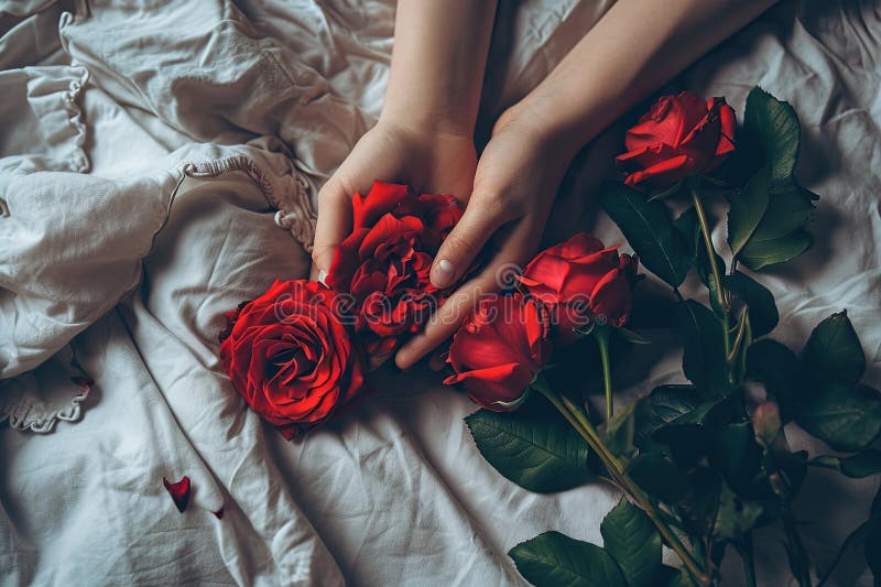 Romantic Scene with Woman Hands Holding Roses. Stock Image - Image of ...