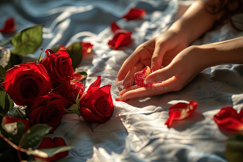 Romantic Scene with Woman Hands Holding Roses. Stock Image - Image of ...