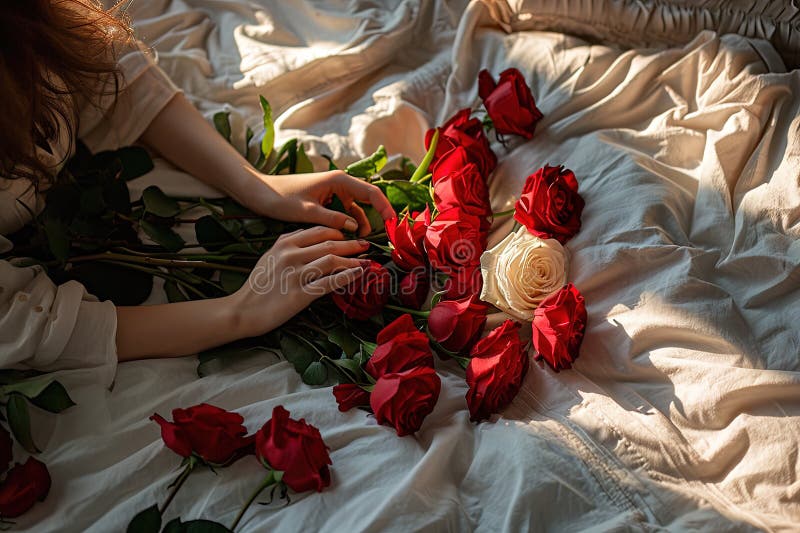 Romantic Scene with Woman Hands Holding Roses. Stock Image - Image of ...