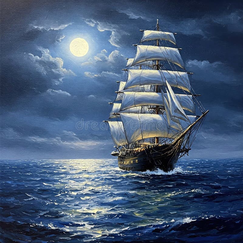 Romantic Sea Journey in Moonlight Glow Stock Illustration ...