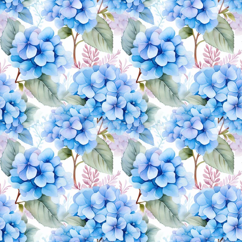 Romantic Seamless Pattern of Watercolor Delicate Blue Hydrangea Flowers ...