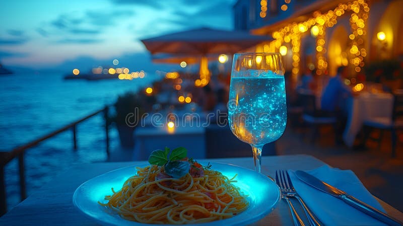 Romantic Seaside Pasta Dinner, Twilight Ambiance Stock Photo - Image of ...