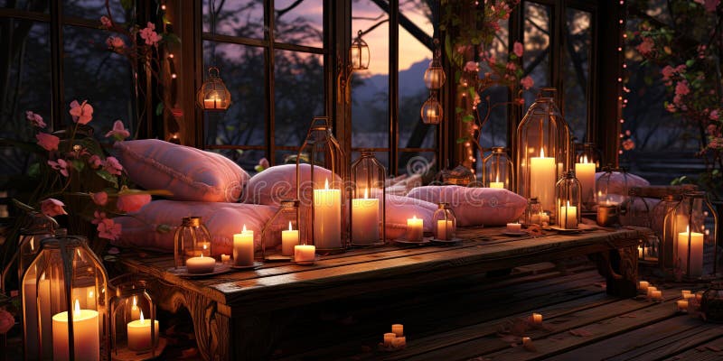 Romantic Set Up Dinner Set at Night with Candle. Stock Image - Image of ...