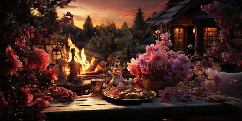 Romantic Set Up Dinner Set at Night with Candle. Stock Photo - Image of ...