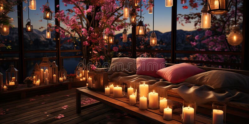 Romantic Set Up Dinner Set at Night with Candle. Stock Photo - Image of ...
