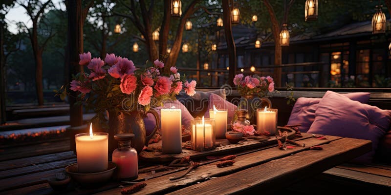 Romantic Set Up Dinner Set at Night with Candle. Stock Image - Image of ...
