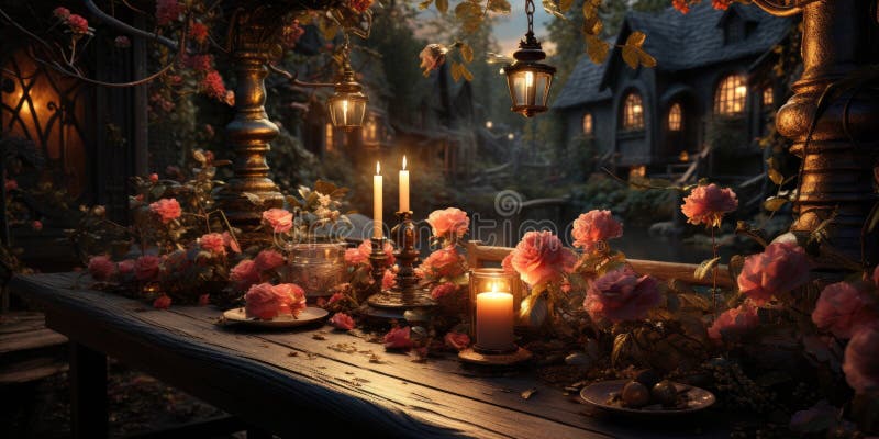 Romantic Set Up Dinner Set at Night with Candle. Stock Photo - Image of ...