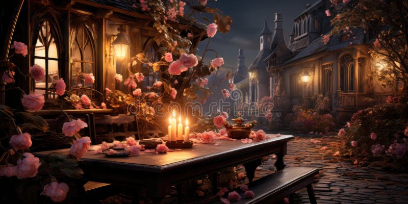 Romantic Set Up Dinner Set at Night with Candle. Stock Photo - Image of ...