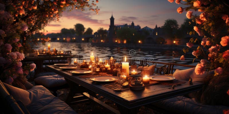 Romantic Set Up Dinner Set at Night with Candle. Stock Photo - Image of ...