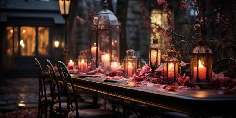 Romantic Set Up Dinner Set at Night with Candle. Stock Image - Image of ...