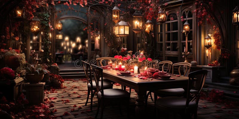 Romantic Set Up Dinner Set at Night with Candle. Stock Image - Image of ...
