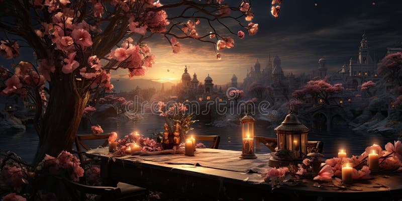 Romantic Set Up Dinner Set at Night with Candle. Stock Photo - Image of ...