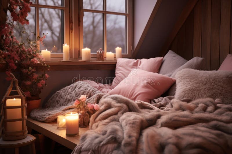 Romantic Setting in the Bedroom with Aromatherapy Candles Generative Ai ...