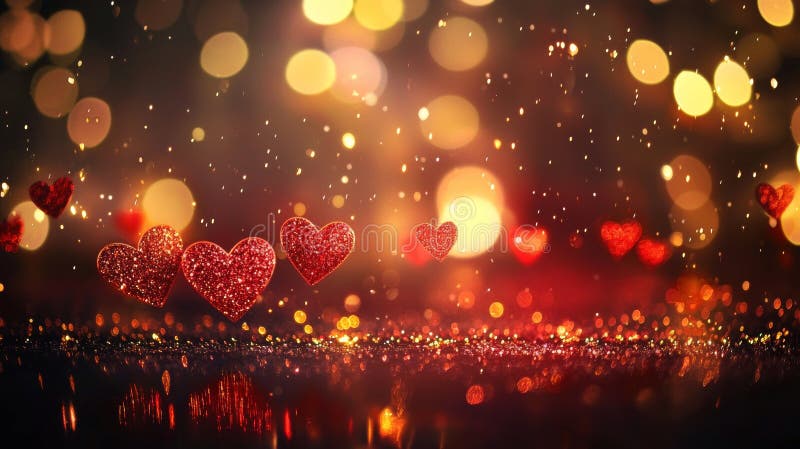 A Romantic Setting Featuring Red Hearts and Shimmering Bokeh Lights ...