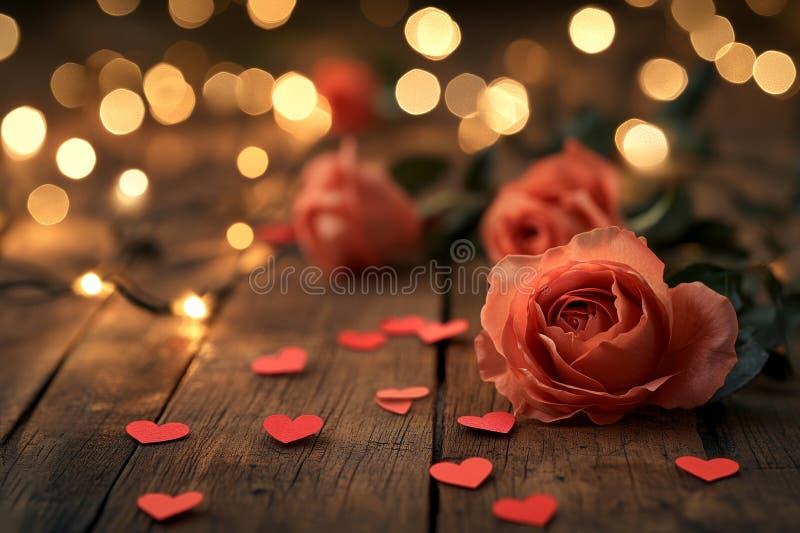 A Romantic Setting Featuring Roses and Hearts Arranged on a Wooden ...