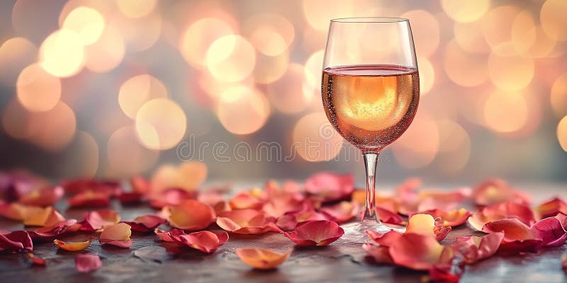 Romantic Setting with a Glass of Sparkling Wine and Scattered Rose ...