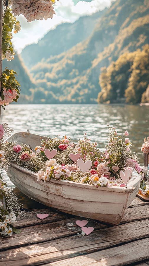 A Romantic Setting by a Lake with a Rowboat Decorated with Flowers and ...