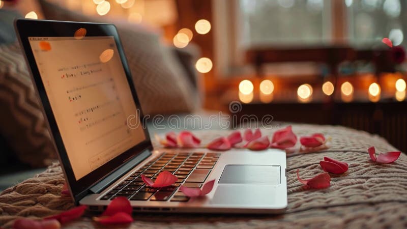 Romantic Setting with a Laptop Adorned with Rose Petals and Soft ...