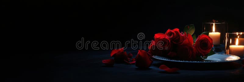 Romantic Setting with Red Roses and Candles Creating a Warm Ambiance ...