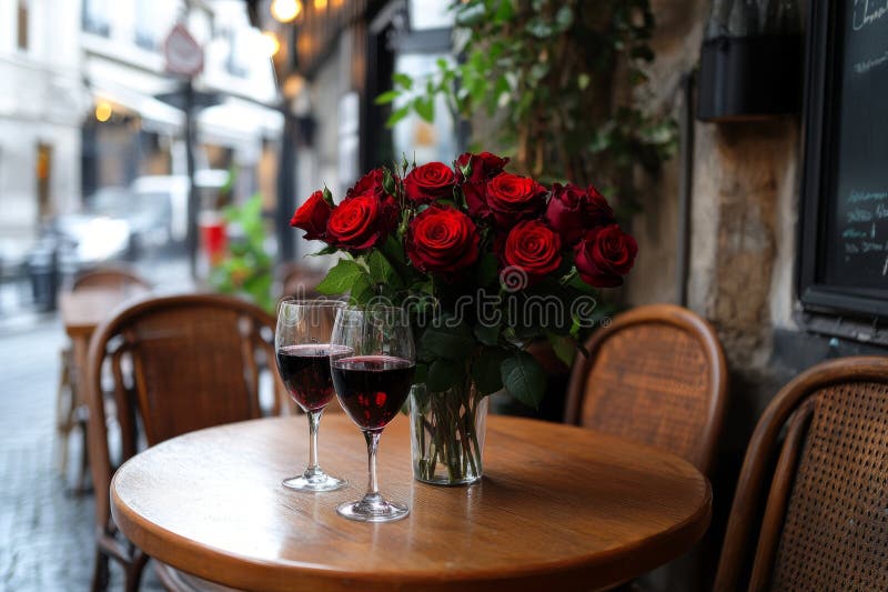 Romantic Setting with Red Roses and Wine Glasses on a Table at a ...