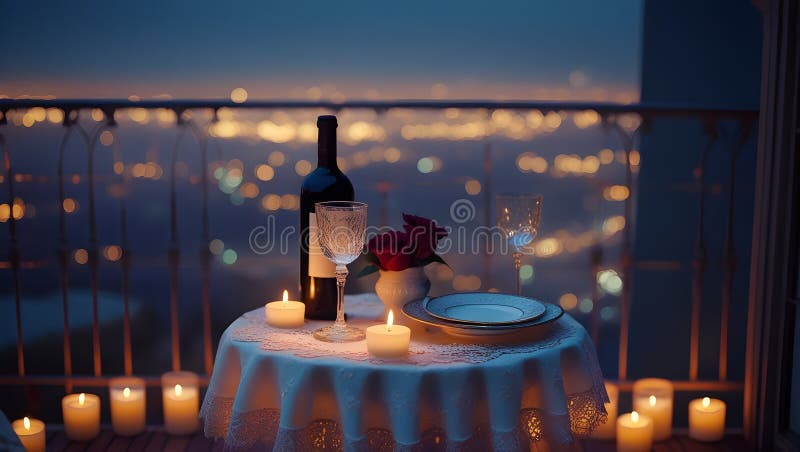 A Romantic Setup on a Balcony with Candles, a Small Dining Table, and ...