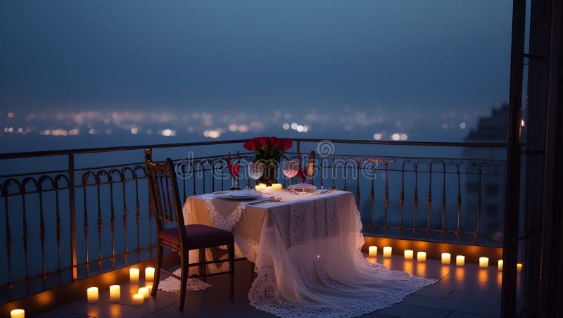 A Romantic Setup on a Balcony with Candles, a Small Dining Table, and ...