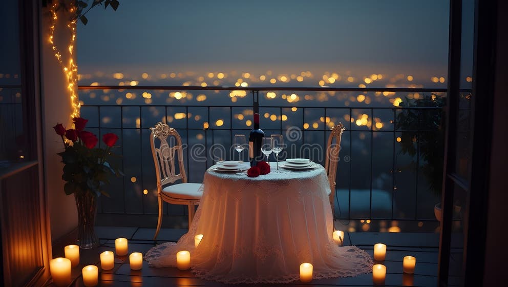 A Romantic Setup on a Balcony with Candles, a Small Dining Table, and ...